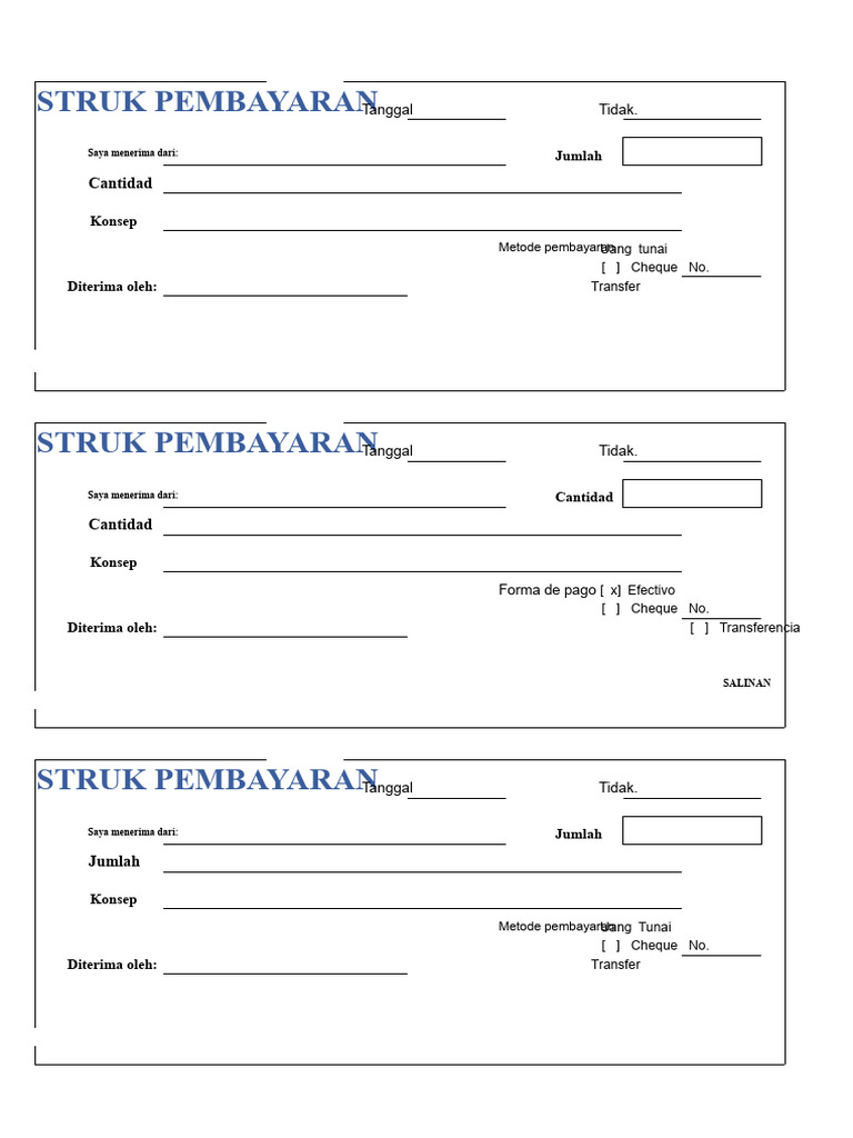 Contoh Struk Pembayaran Tunai dan Transfer | PDF