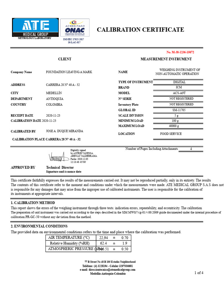 Calibration Certificate for Weighing Instrument | PDF | Calibration ...
