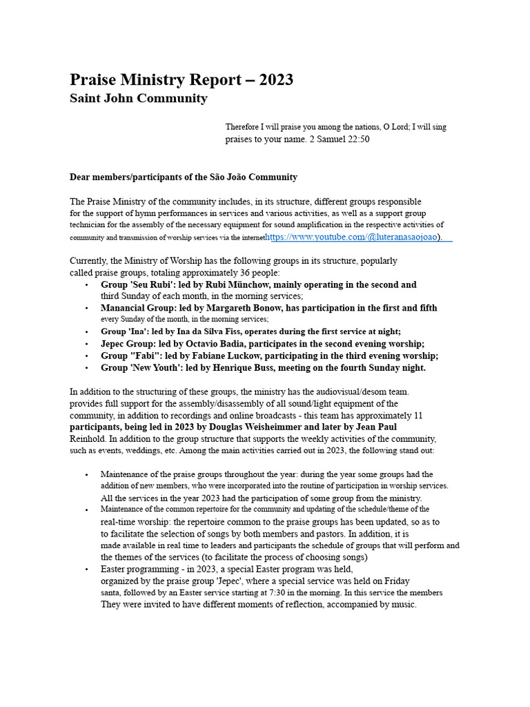 2023 Praise Ministry Report Summary | PDF | Worship | Christian Worship ...
