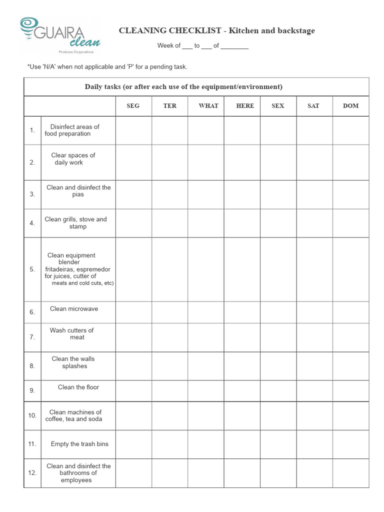 Kitchen and Backstage Cleaning Checklist | PDF