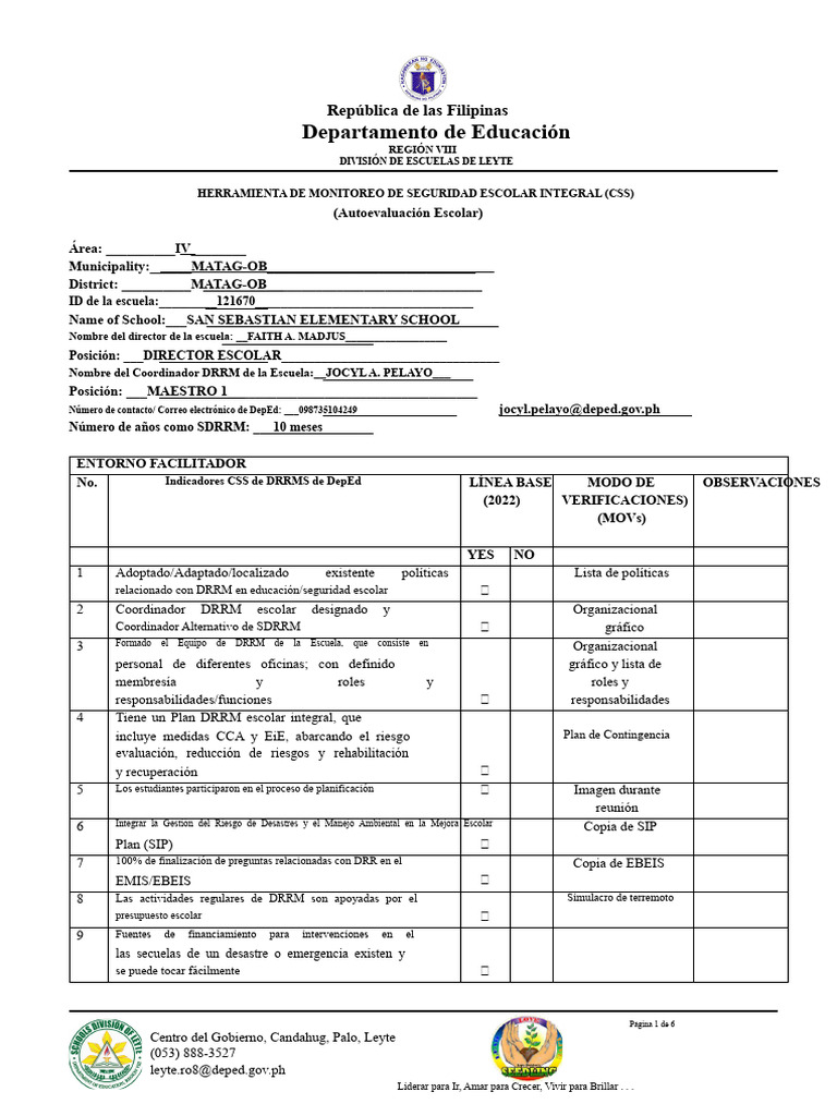 Herramienta de Monitoreo de Seguridad Integral Escolar de DRRM | PDF | Escuelas | Plan de estudios