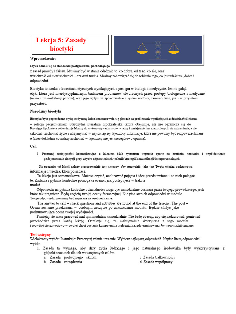 Lekcja 5 Zasada Bioetyki | PDF