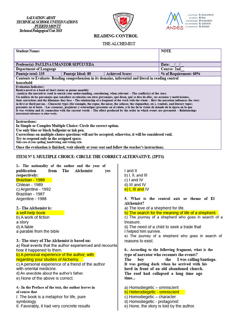 Reading Comprehension: The Alchemist Test | PDF | Alchemy | Multiple Choice