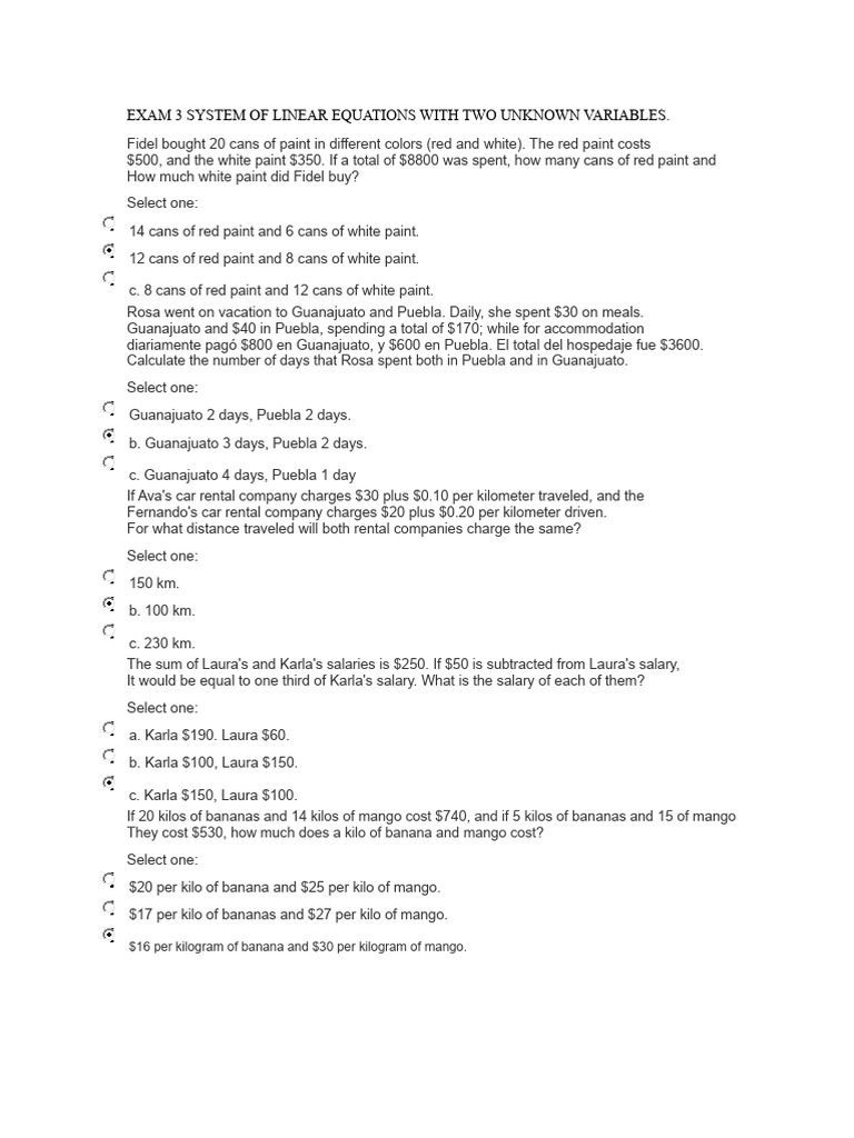 Exam 3 System of Linear Equations With Two Unknown Variables | PDF ...