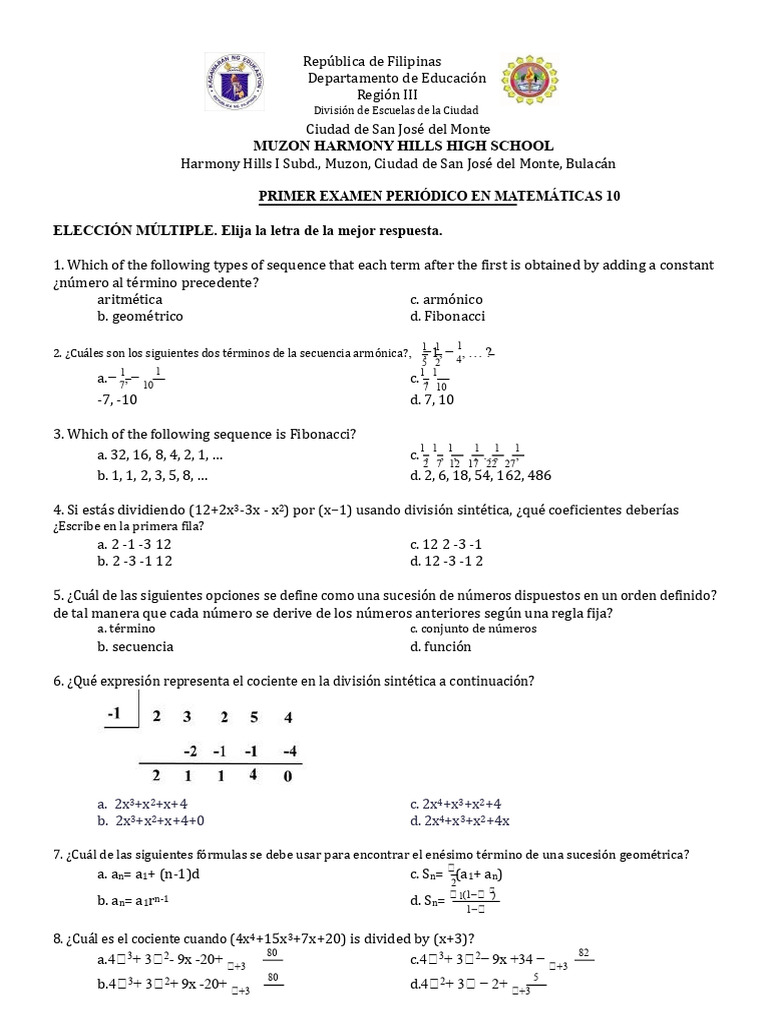 Primer Examen Periodico Matematicas10 | PDF | División (Matemáticas ...