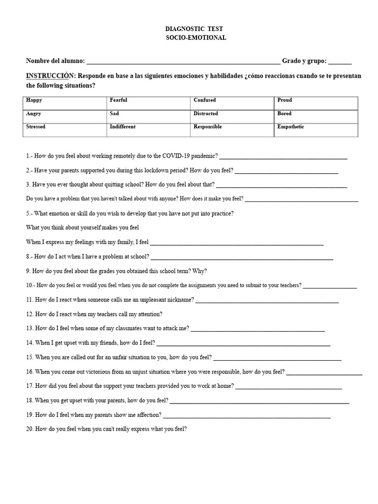 Socio-Emotional Diagnostic Test | PDF | Emotions | Subjective Experience