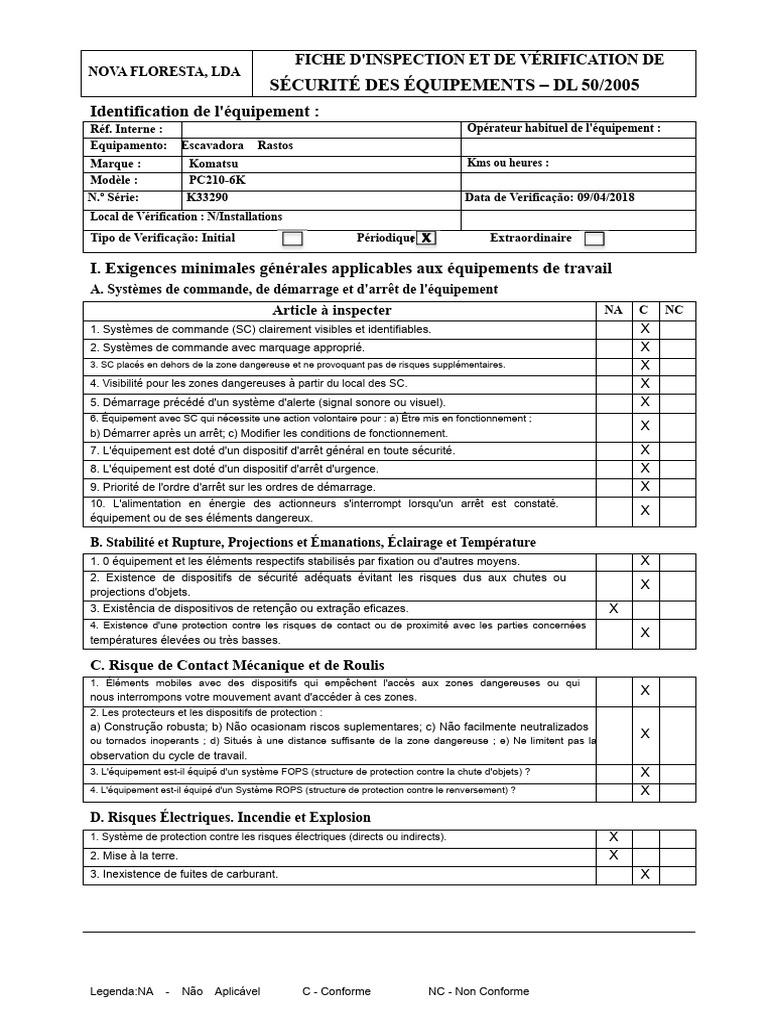 Inspection Sécurité Équipement Komatsu PC210-6K | PDF