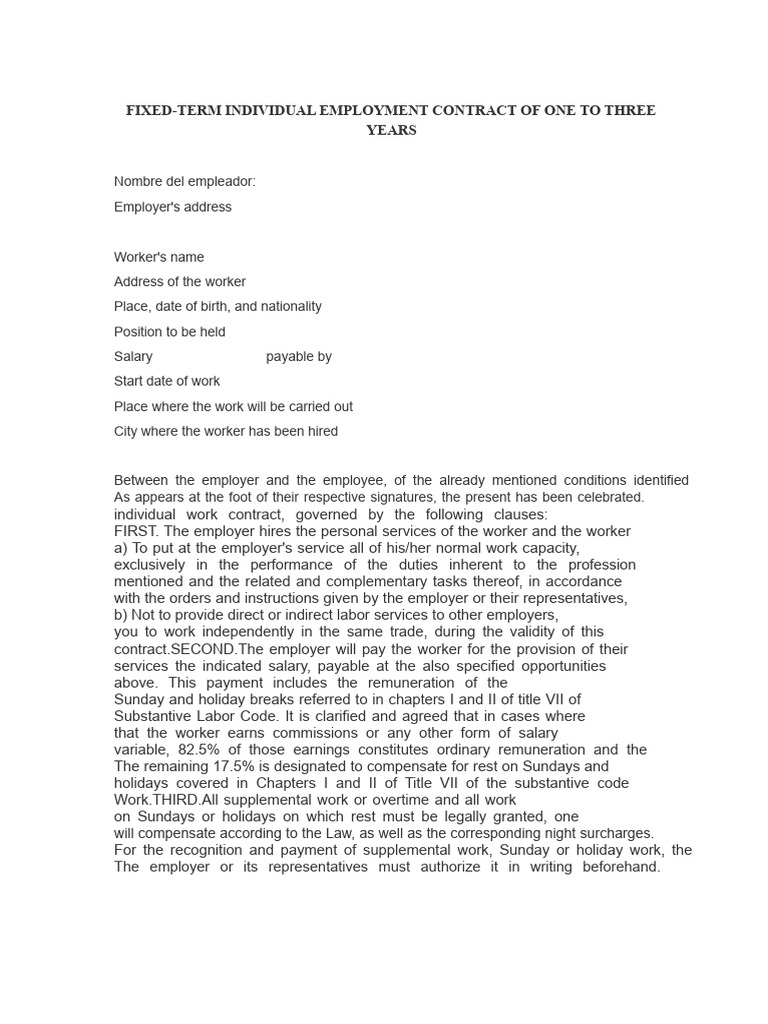 Individual Employment Contract For A Fixed Term of One To Three Years ...