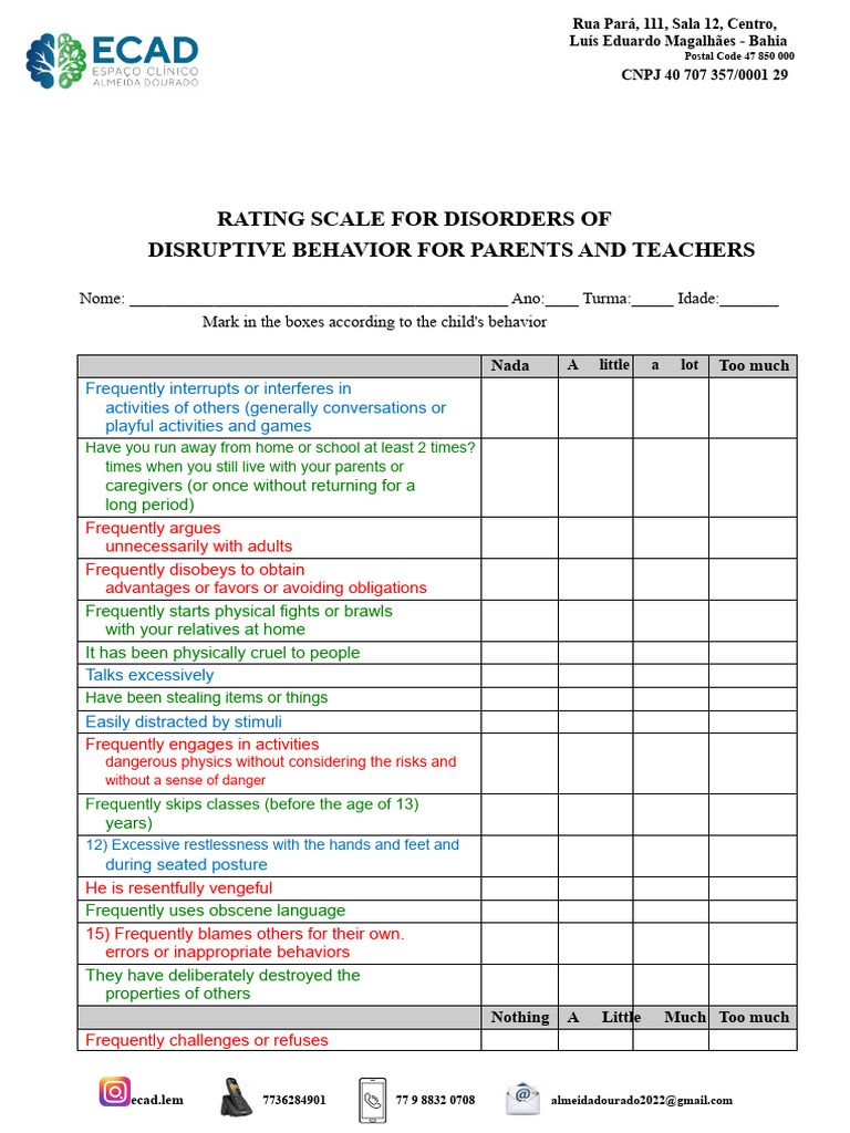 Disruptive Behavior Disorder Assessment Scale Parents Teachers MY USE ...