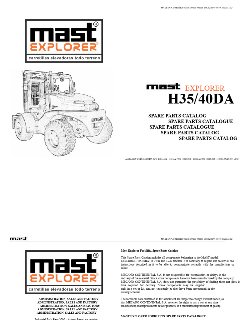 MAST Explorer H35/40DA Parts Catalog | PDF | Brake | Pump