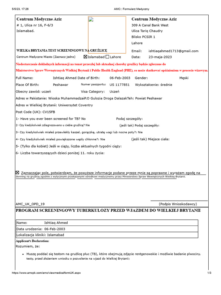 Formularz Medyczny AMC | PDF