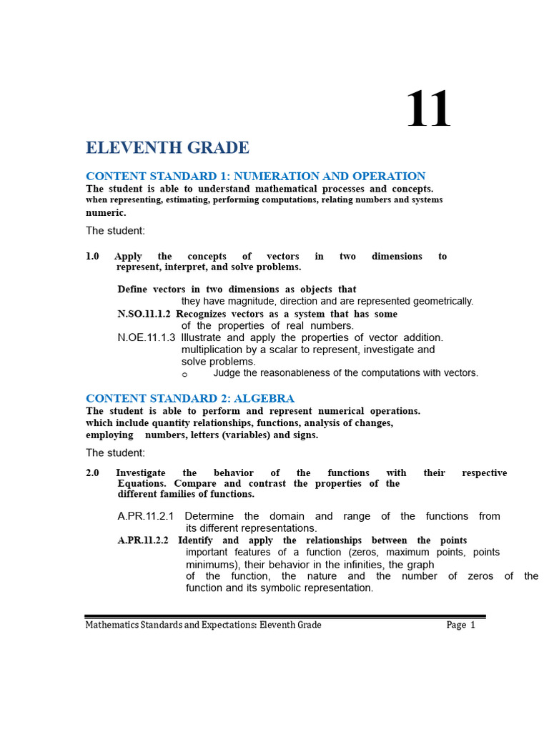 Eleventh Grade Math Standards Overview | PDF | Trigonometric Functions ...