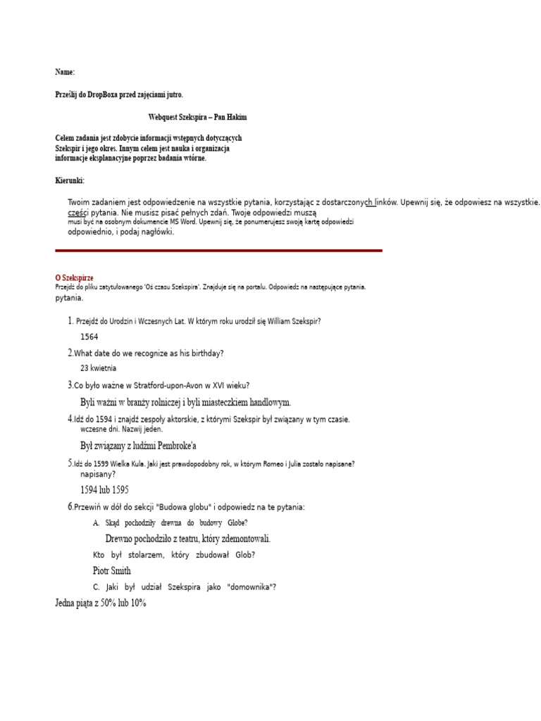 Shakespeare Webquest | PDF