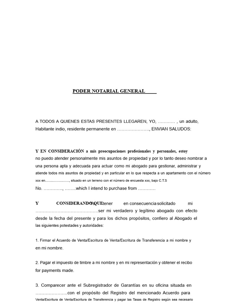 Formulario de Poder Notarial General Principal - Habitante de La India ...