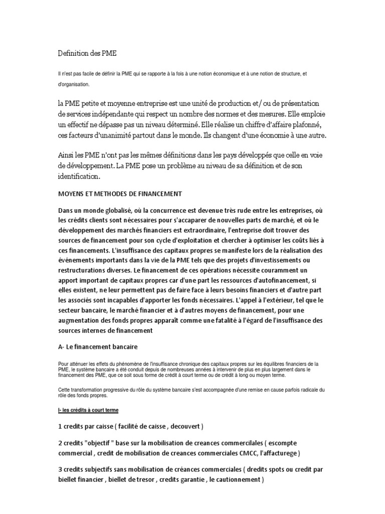 Definition Des PME | PDF | Petite ou moyenne entreprise | Crédit (Finance)