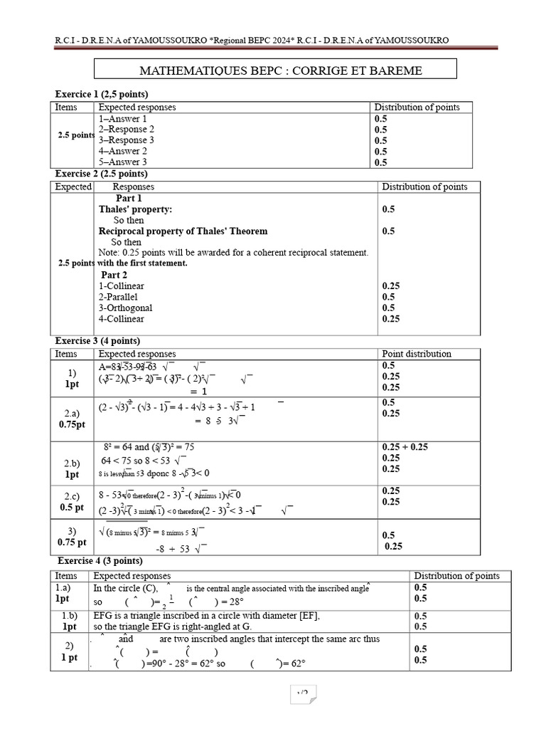 Corrected MATHS BEPC Mock 2024 Yamoussoukro | PDF | Mathematics