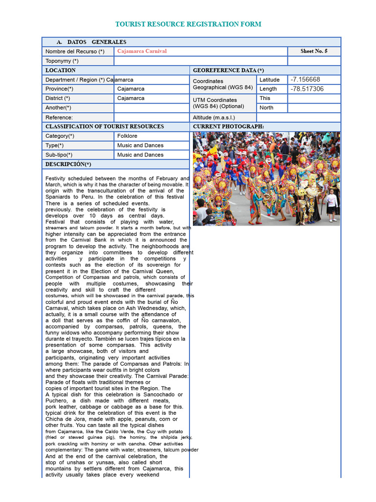 Tourist Resources Registration Form Cajamarca | PDF | Carnival