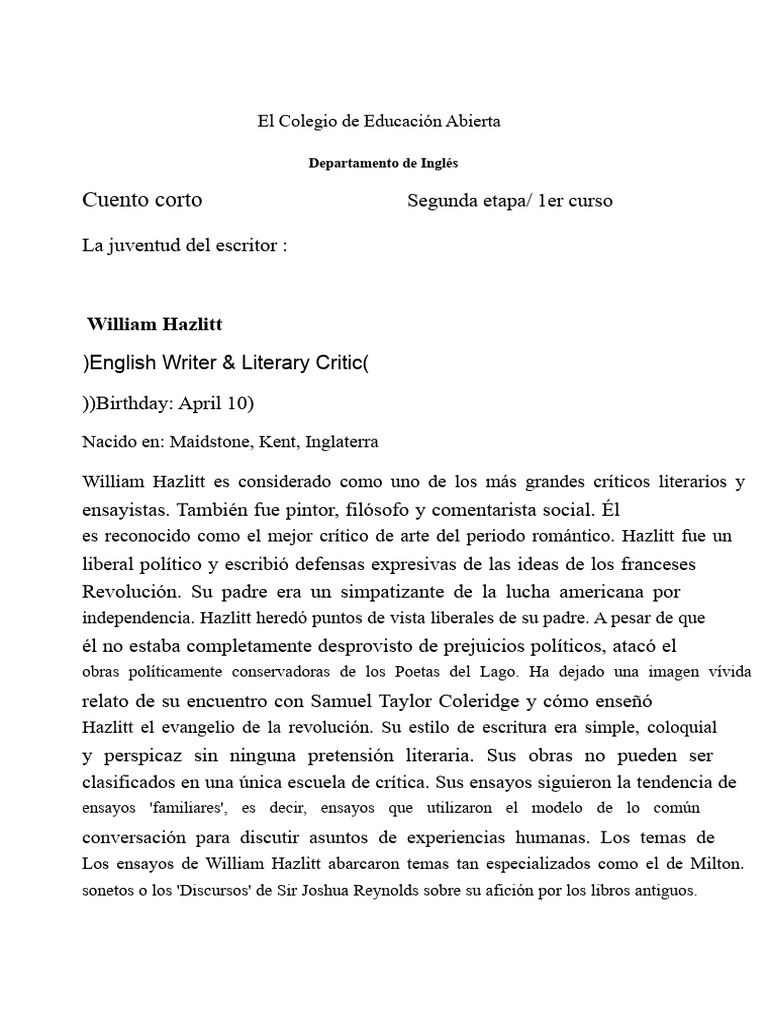 análisis de cuentos cortos de William Hazlitt | PDF | Ensayos | Escritores