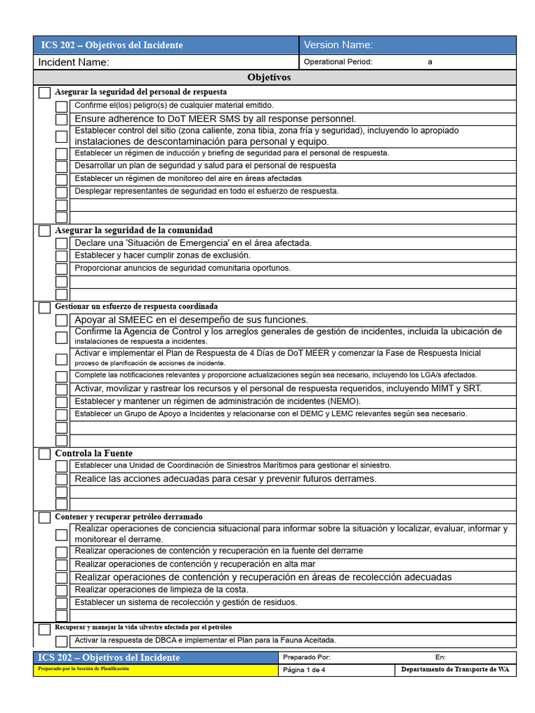 DoT - ICS 202 Objetivos Del Incidente | PDF | Planificación | Petróleo