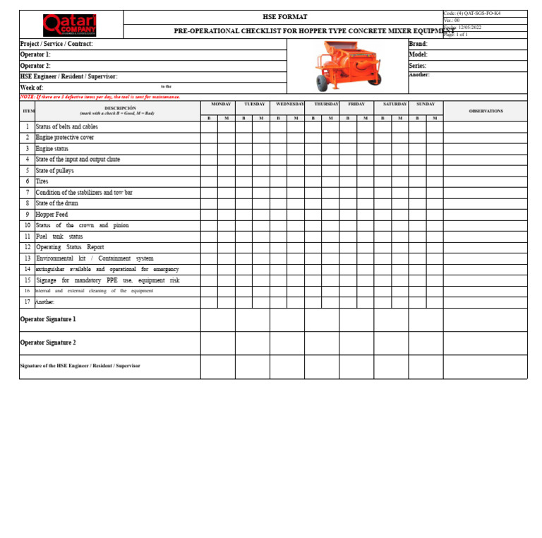 QAT-SGS-FO-K4 Concrete Mixer Inspection Checklist Hopper Type Ver. 00 | PDF