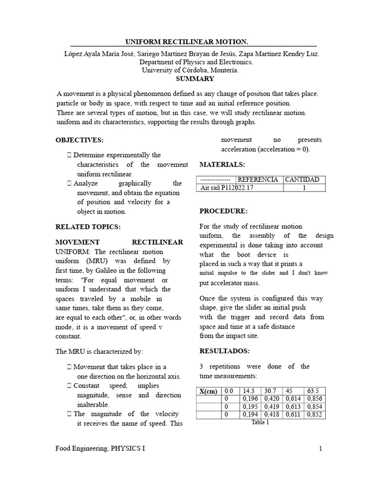 Physics Report, Uniform Rectilinear Motion | PDF | Acceleration | Velocity