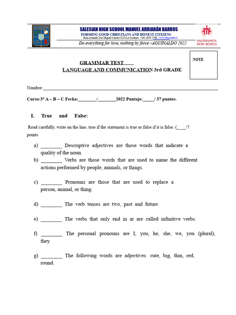 Grammar Test N°2 | PDF | Verb | Word