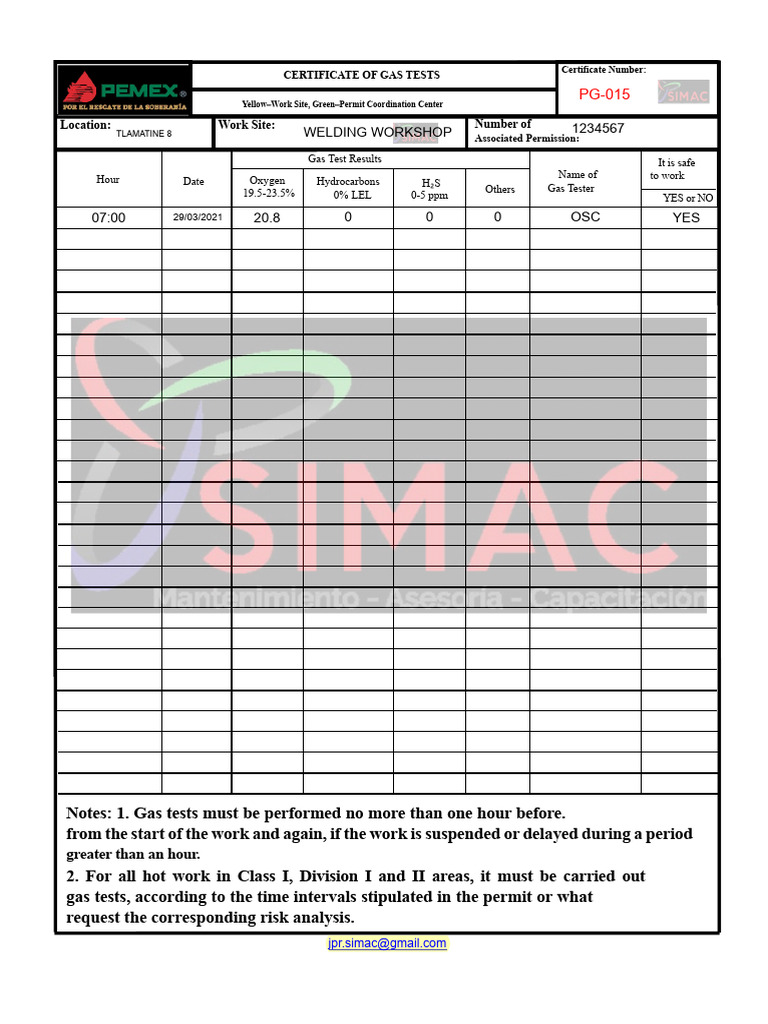 Gas Test Certificate | PDF