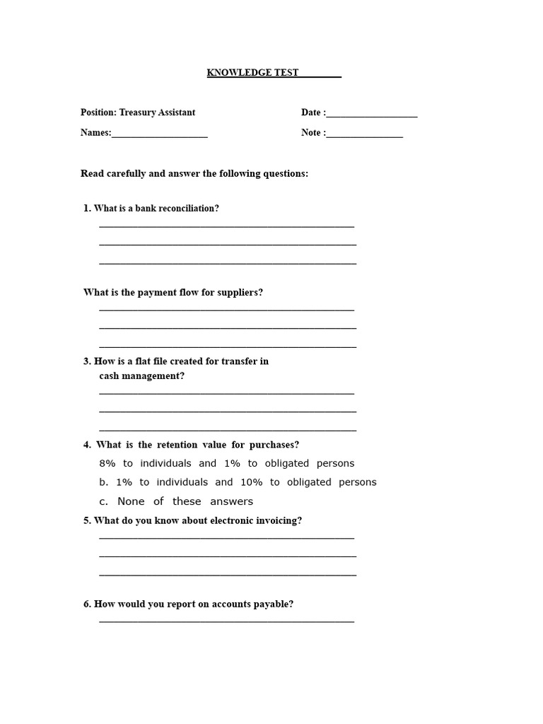 Treasury Assistant Knowledge Test | PDF