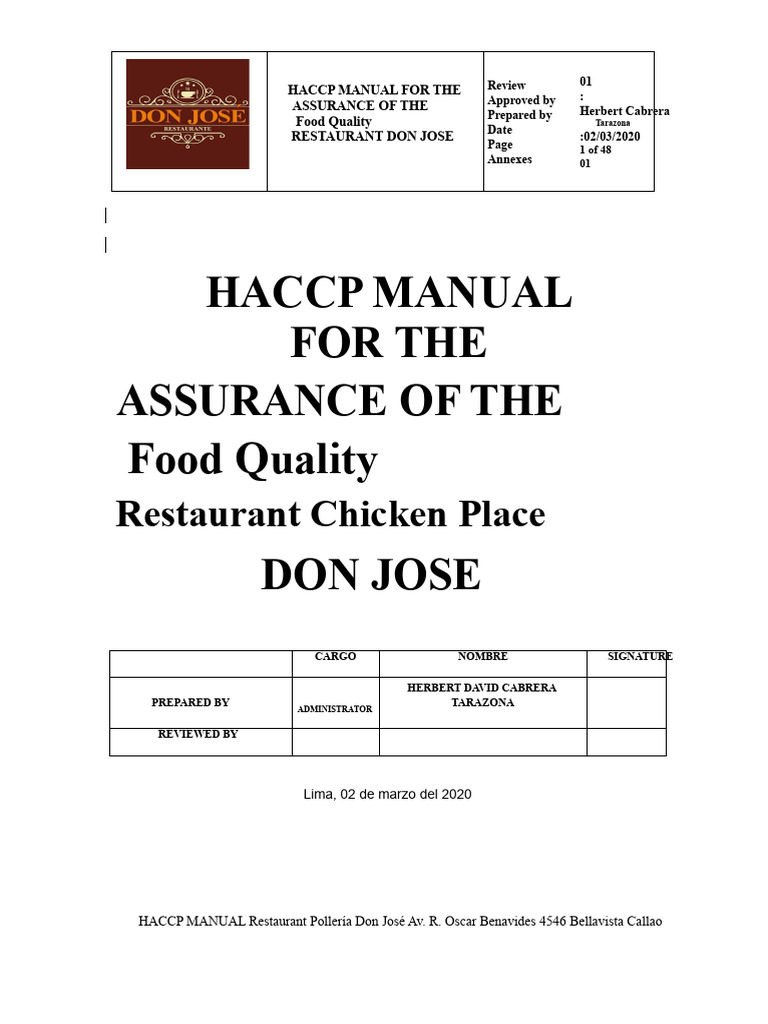 HACCP Manual for Restaurant Don José | PDF | Food Safety | Verification ...