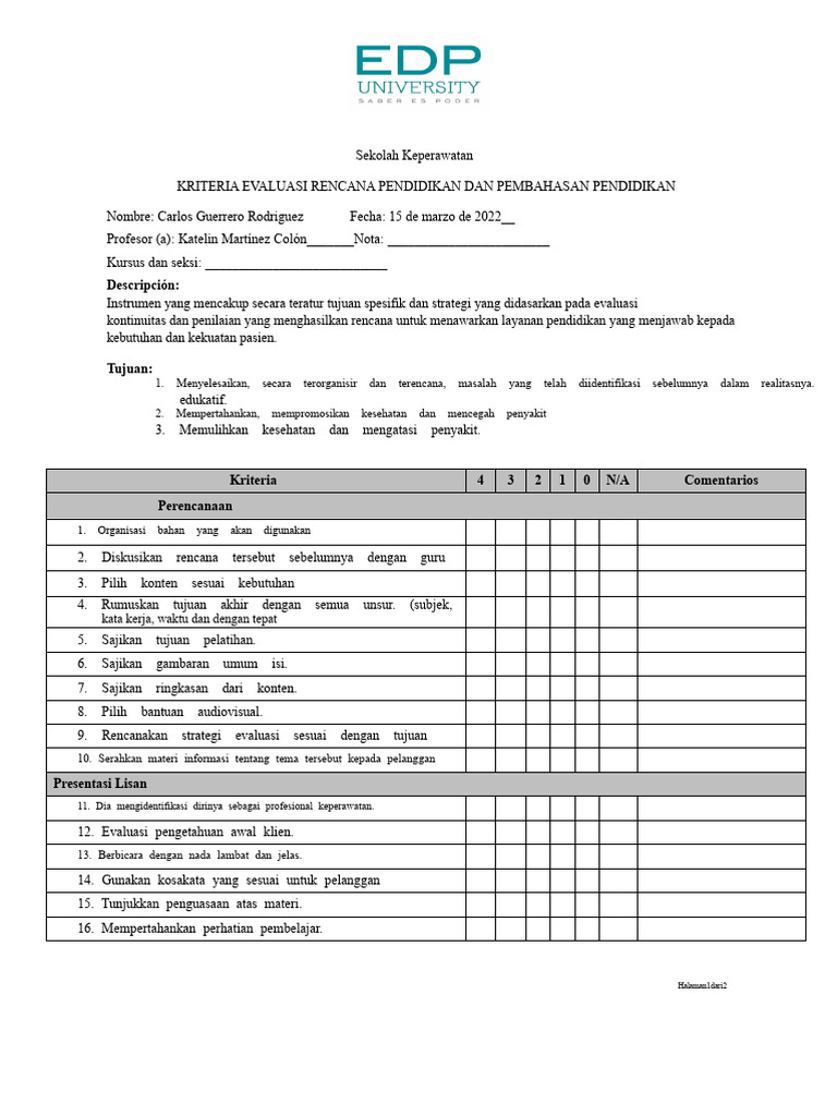 Rubrik Rencana Dan Pembicaraan Edukasi 2020 | PDF