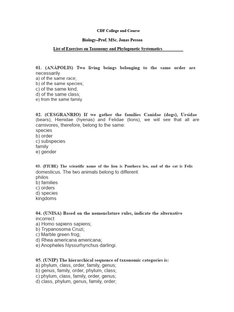 Taxonomy and Phylogenetic Systematics Exercises | PDF | Species ...