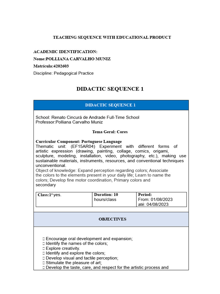 Didactic Sequence Uniasselvi Polliana | PDF | Lesson Plan | Teachers