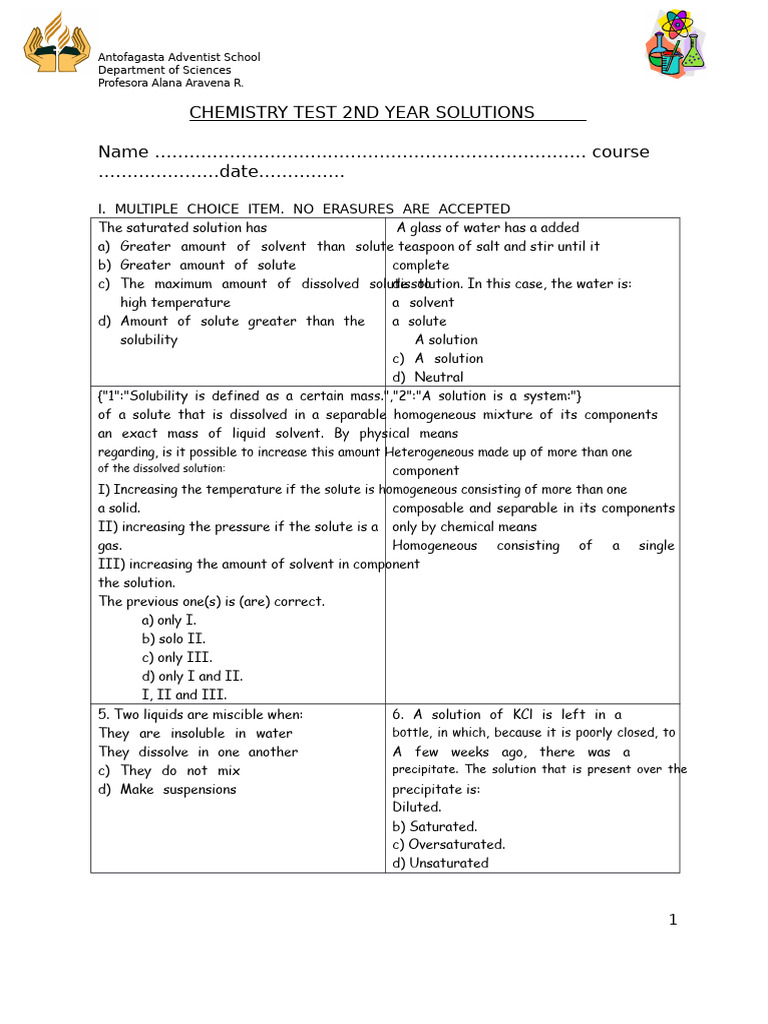 Chemistry Test 2nd Year Solutions | PDF | Solubility | Mixture