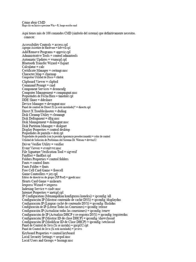Más de 100 Comandos Del Símbolo Del Sistema en La Computadora | PDF ...