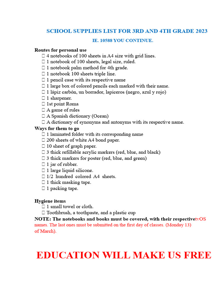 2023 3rd & 4th Grade Supplies List | PDF