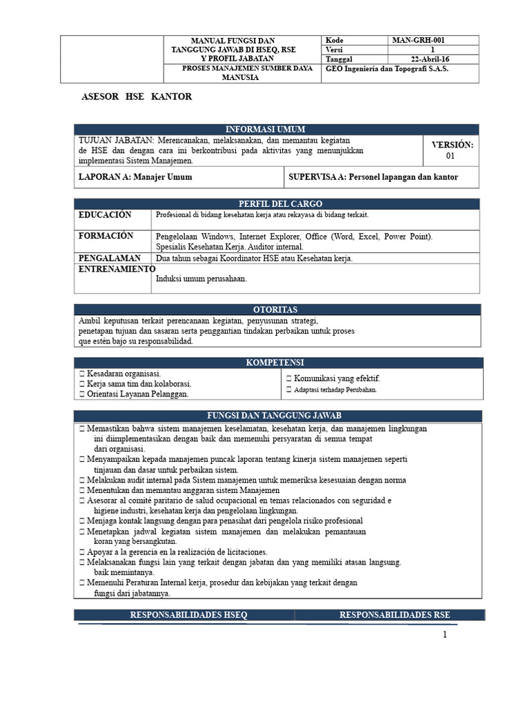 MAN-GHR-001 Manual Fungsi Dan Tanggung Jawab - Konsultan HSE Kantor | PDF