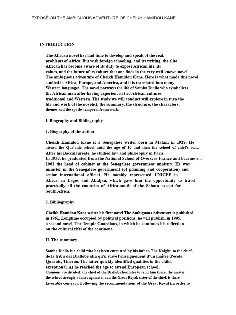 Analysis of Cheikh Hamidou Kane's Novel | PDF