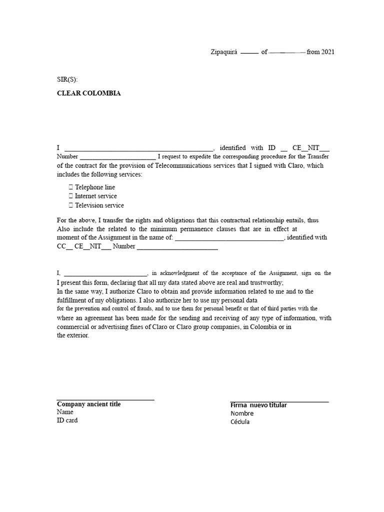 Claro Telecommunications Contract Transfer | PDF