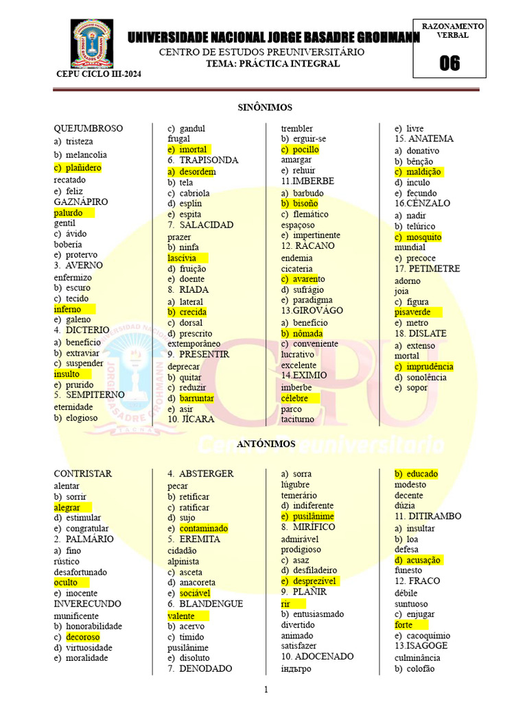 Prática de Raciocínio Verbal CEPU 2024 | PDF