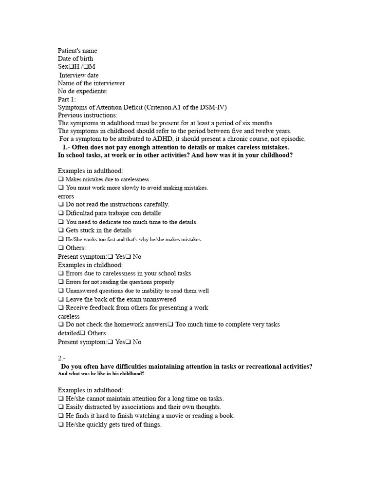 ADHD Symptoms Assessment Questionnaire | PDF | Attention Deficit ...