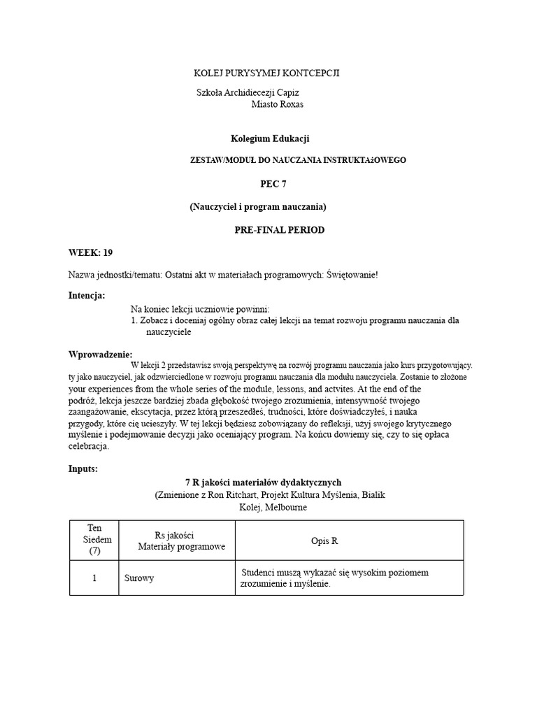 Program Nauczania-Tydzień19 | PDF