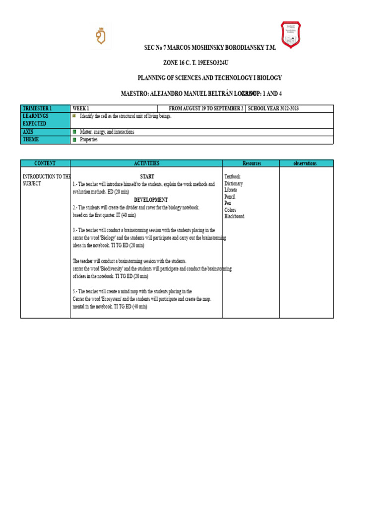 WEEK 1 Biology Plan For First Year of Secondary School | PDF ...