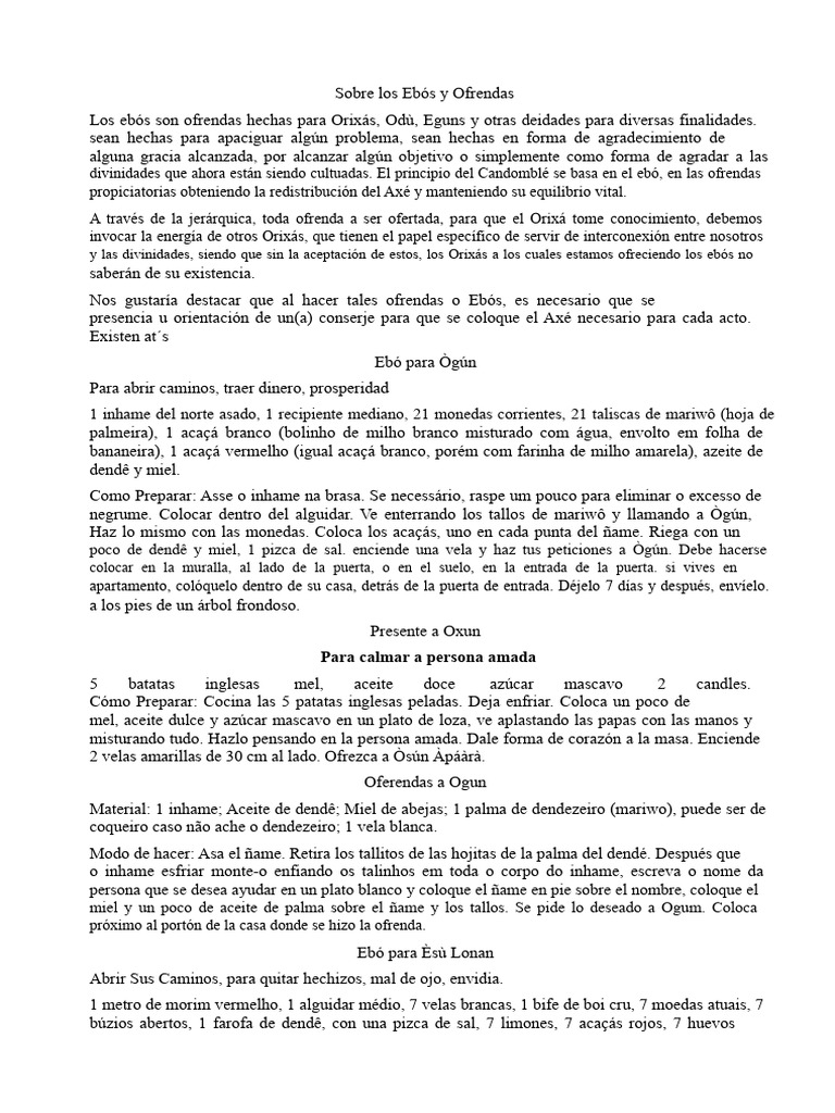 Ebós y Ofrendas en Candomblé | PDF | Alimentos