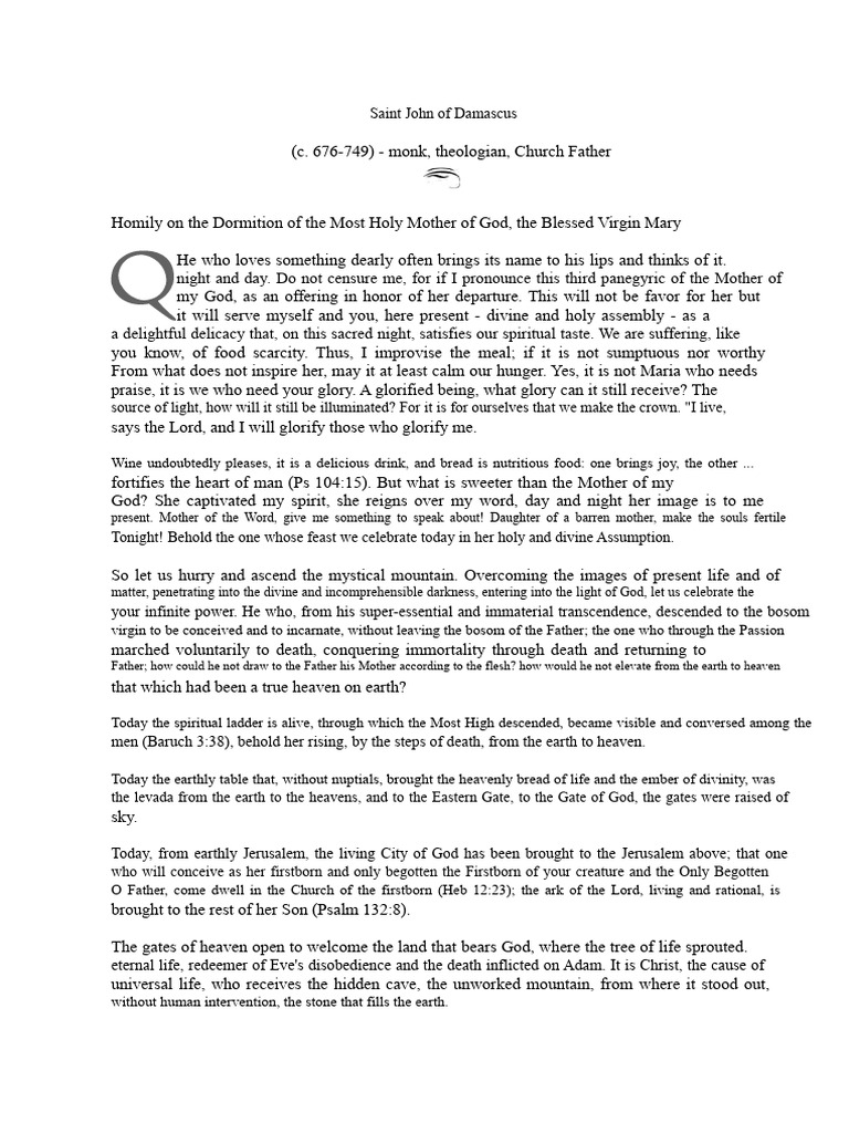 Homily on the Dormition of Mary | PDF | Mary, Mother Of Jesus | Glory ...