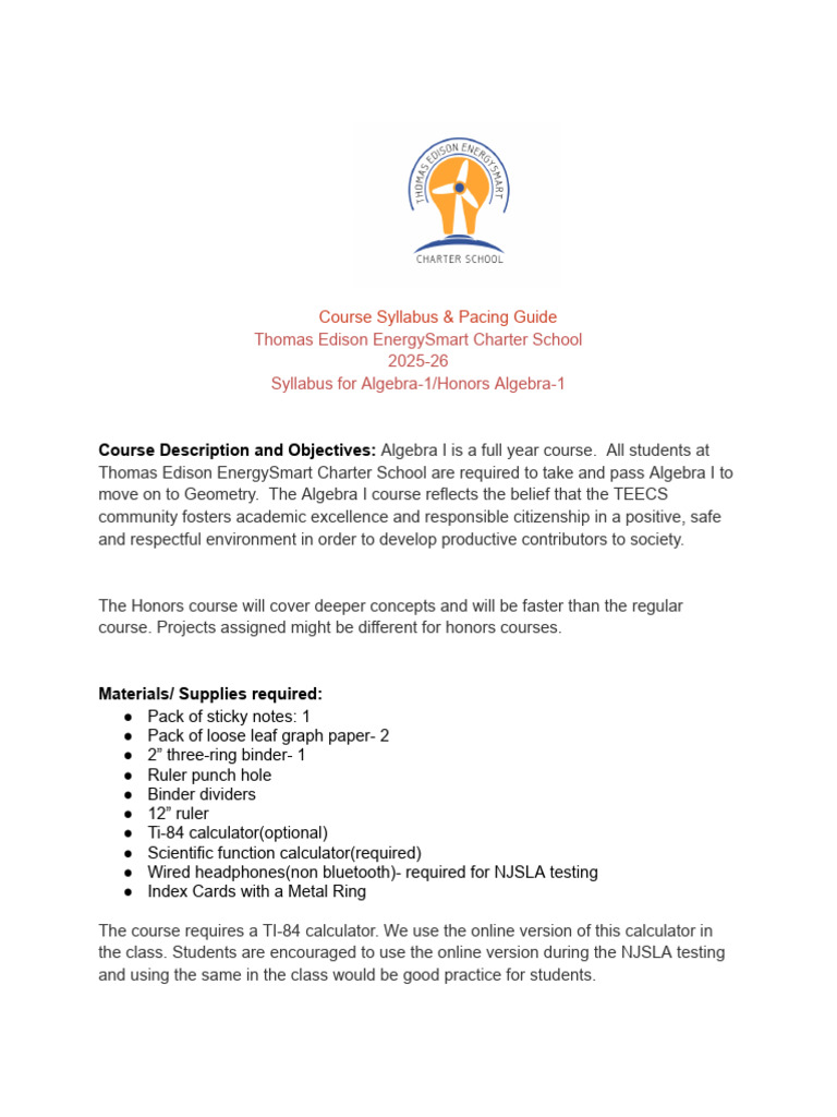Algebra 1 Syllabus & Pacing Guide 2025-26 | PDF | Quadratic Equation ...
