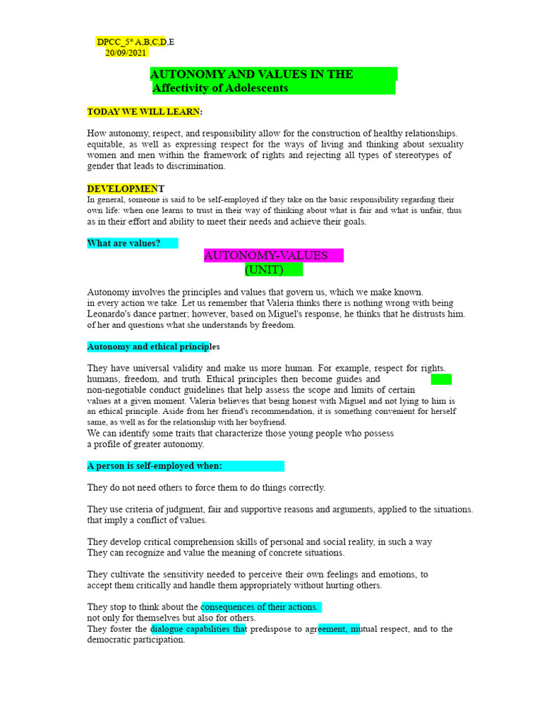 Autonomy and Values in The Affectivity of Adolescents | PDF | Autonomy ...