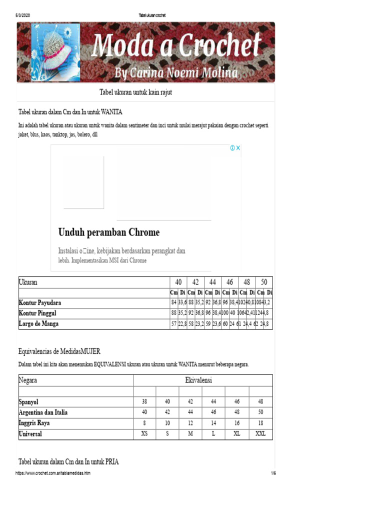Tabel Ukuran Rajutan | PDF
