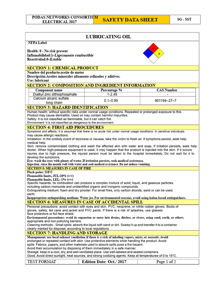 Safety Data Sheet for Lubricating Oil | PDF | Water | Personal ...