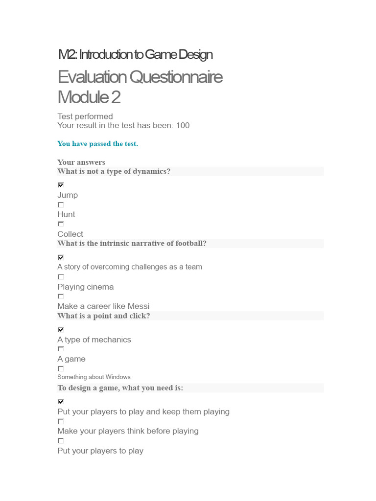 Game Design Evaluation Questionnaire | PDF