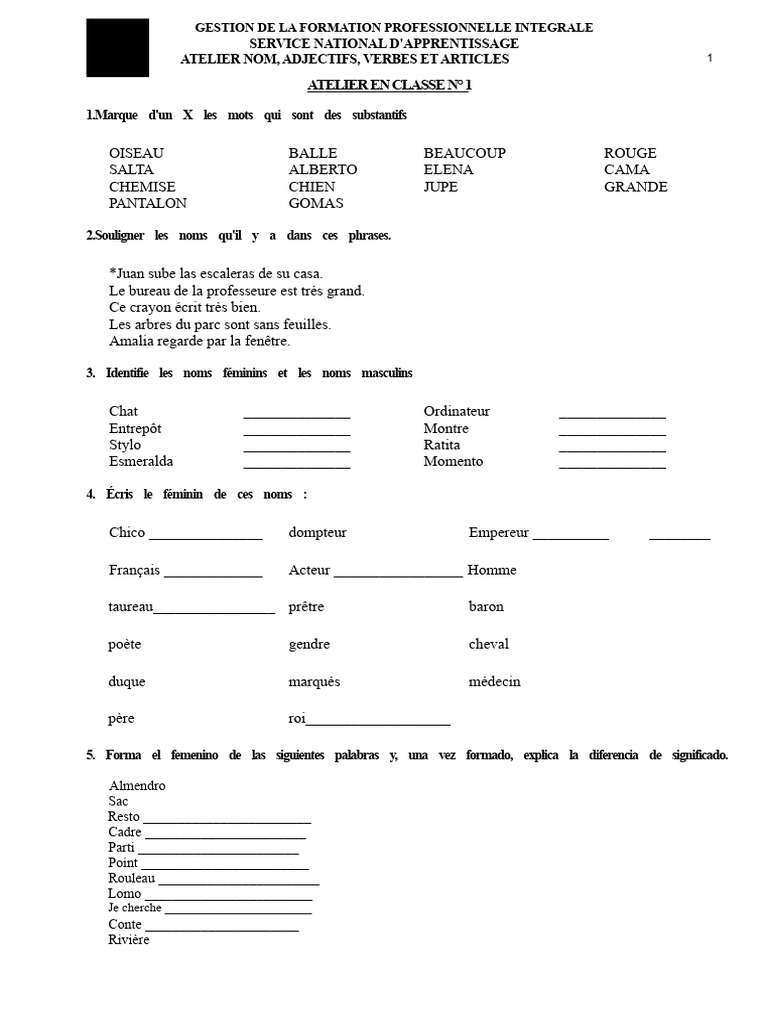 Atelier 1. Noms, Adjectifs, Verbes Et Articles | PDF | Nom (grammaire ...